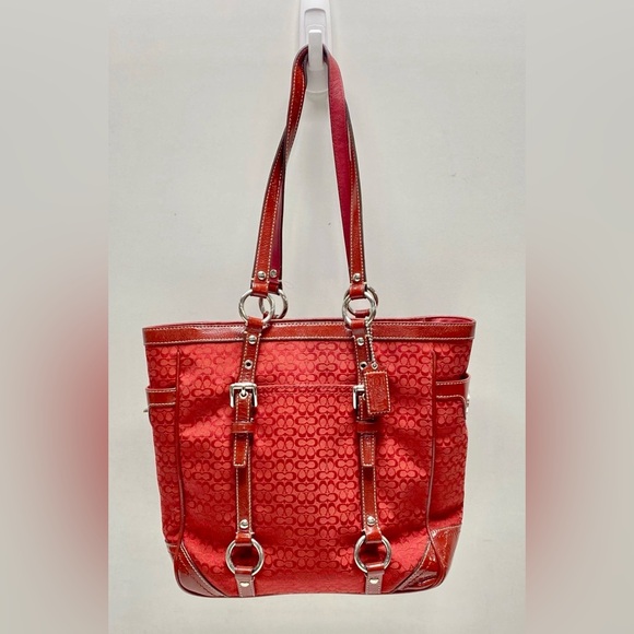 Coach | Bags | Coach Signature Patent Leather Buckle Shoulder Tote Red ...